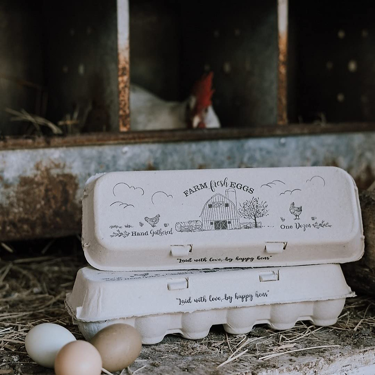 20 Egg Cartons – Adorable Printed Vintage Design Flattop Carton for your Farm Fresh Eggs, 100% Recycled & Eco-friendly Cartons, Sturdy & Reusable, Holds Small to XL Chicken Eggs