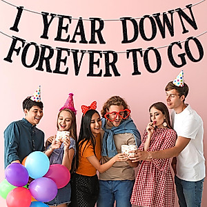 1 Year Down Forever to Go Banner, 1 Year of Marriage Gift, Happy 1st Wedding Anniversary Party Decoration Supplies, Black Glitter