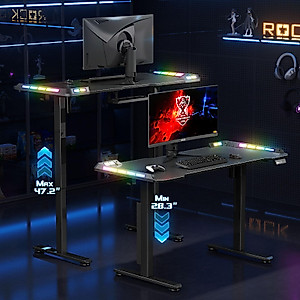 Gaming Desk with LED Lights & APP Control, 48" x 24" Gaming Table with Music Sensing, Underdesk Cable Storage Electric Standing Desk, Black Carbon Fiber PC Desk for Gaming and Home Office