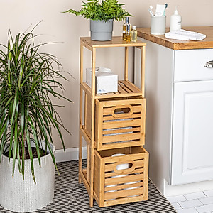 Household Essentials Bamboo 3-Tier Slatted Shelf with Crates, Natural