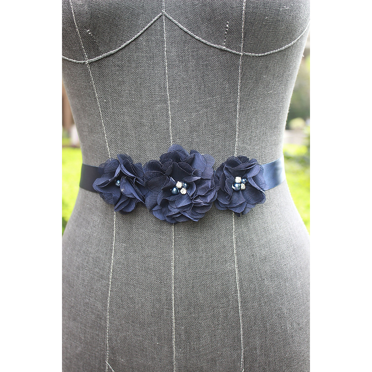 Nania Bridesmaid and Flowergirls sashes wedding sash pearls flowers belts (Dark navy)