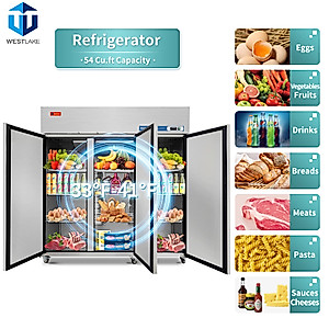 WESTLAKE 72" W Commercial Refrigerator 3 door 3 Section Stainless Steel Reach in Solid door Upright Fan Cooling 54 Cu.ft Cooler for Restuarant, Bar, Shop, etc