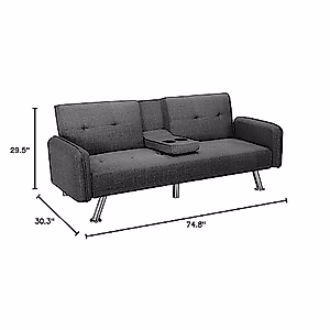 OYN Modern Futon Sofa Loveseat Convertible Sleeper Couch Bed Futonbed for Living Room Apartment Small Space Furniture Sets with 2 Cup Holders,Metal Legs, Removable Soft Square Armrest,Dark Gray