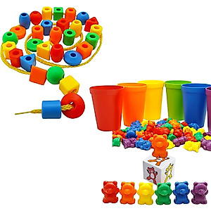 Skoolzy Preschool Activities - Lacing Beads for Kids and Rainbow Counting Bears - Montessori Toys for Toddlers Occupational Therapy Fine Motor Skills Toys Autism OT