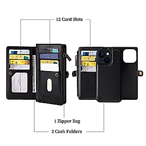 MInCYB Wallet Case Compatible with iPhone 13 Pro, Zipper Case with RFID Blocking Card Holder Slot, Magnetic Detachable Zipper Purse with Wristlet Strap, Leather Cover for iPhone 13 Pro. Black