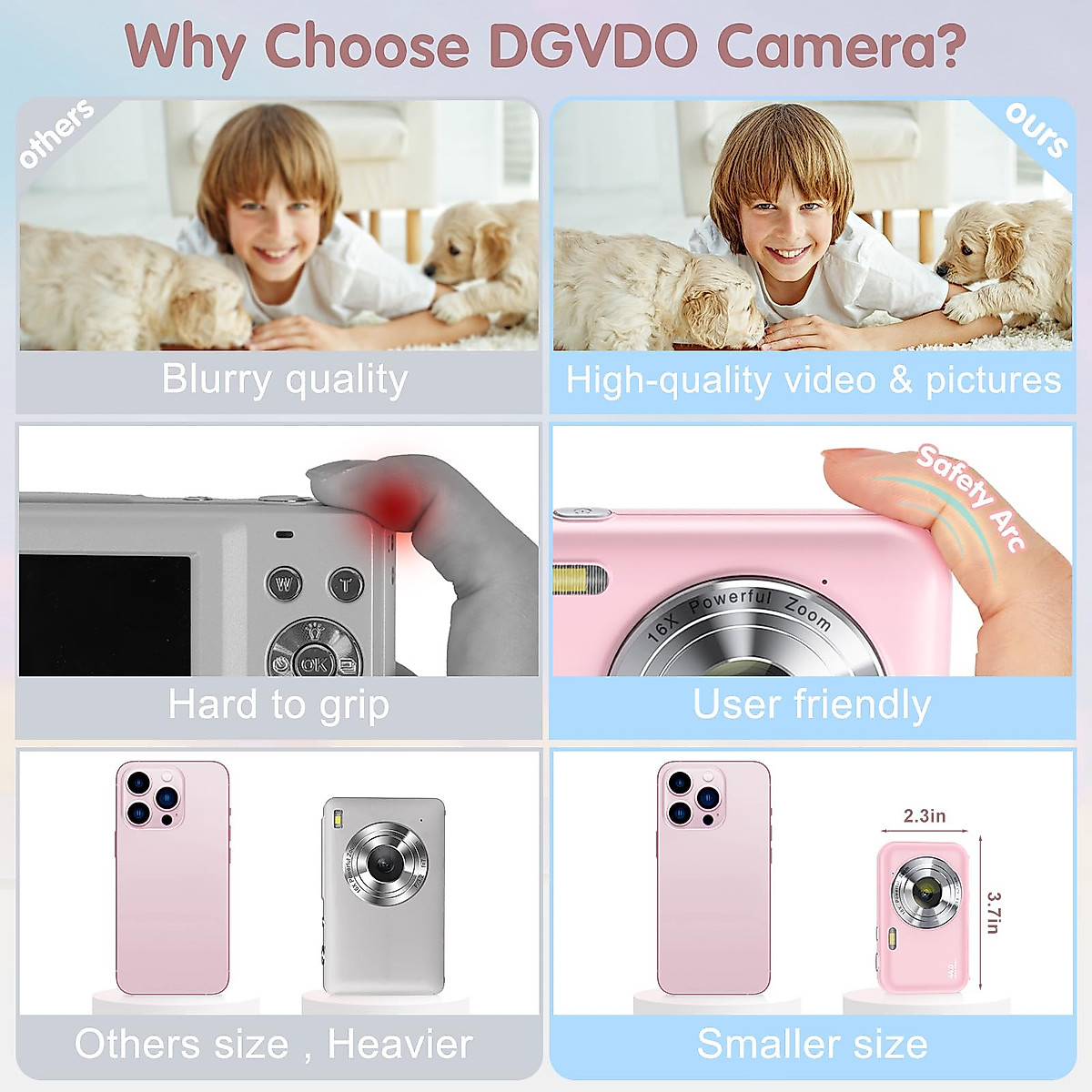 DGVDO Upgraded Pink Digital Camera, 2nd Gen FHD 1080P Digital Camera for Kids with 32GB Card, Video Anti-Shake, Portable Point and Shoot Camera Fill Flash 16X Zoom, Mini Camera DC406-Pink