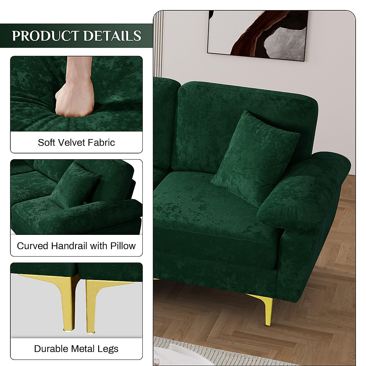 OUYESSIR L Shaped Sectional Sofa Couch, 3 Seat Velvet Sofa with Ottoman and Pillows, Upholstered Comfy Couch Sleeper for Living Room, Bedroom, 88 inches (Green)