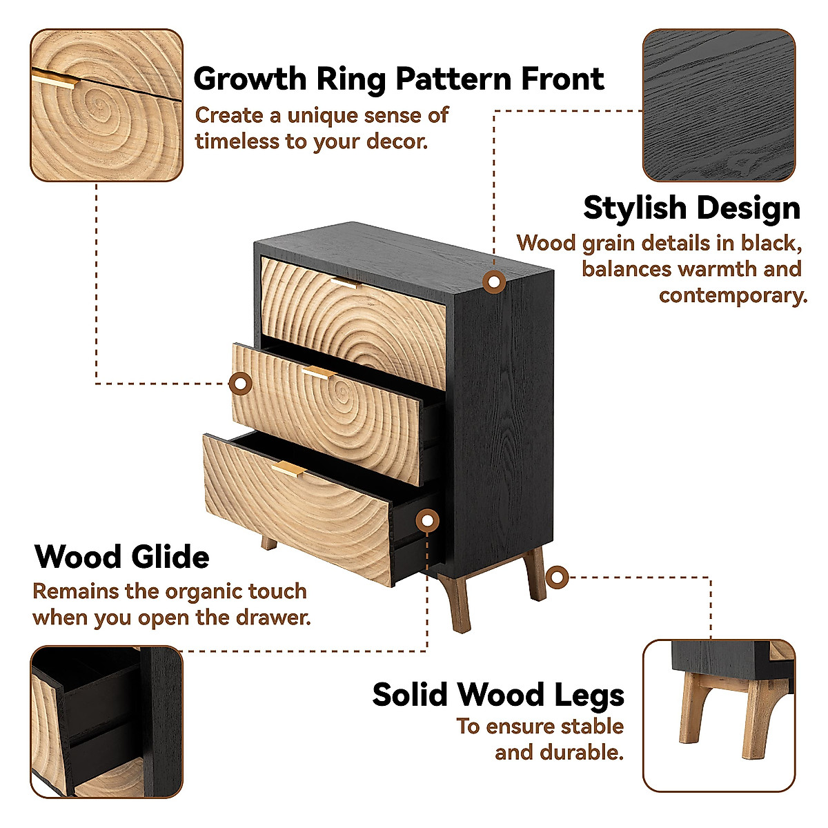 COZAYH 3-Drawer Farmhouse Dresser with Handcrafted Wood Ring Motif, Black Nightstand for Bedroom, Fully-Assembled, Rustic and Morden