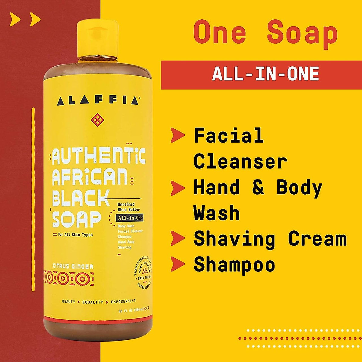 Alaffia Authentic African Black Soap Variety 2-Pack – All-In-One Liquid Soap, Travel-Size Eucalyptus Tea Tree + Full-Size Citrus Ginger Body Wash, Face Wash, Shampoo, Shaving Soap