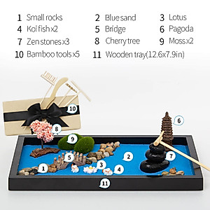 Zen Garden - Zen Garden Decor for Desk, 12.6x7.9'' Zen Garden for Home, Office Desktop Accessories, Mini Zen Garden Kit for Relaxation and Meditation (Blue)