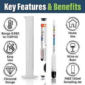 Hydrometer for Wine Making with 100 MM Hydrometer Alcohol Test Jar - Specific Gravity Hydrometer for Wine and Beer Making Testing Kit and Brewing Your Own Homebrew