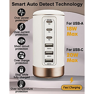 60W USB-C Charging Station for Multiple Devices, Universal 20W USB-C & 18W USB Charging Hub, Smart IC Identification Technology Charging Tower for iPhone iPad Tablets Smartphones, Home Office Use
