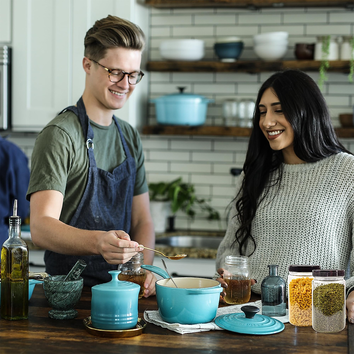 Cornucopia 32oz Clear Plastic Jars with Black Ribbed Lids (6 pack): BPA Free PET Quart Size Canisters for Kitchen & Household Storage