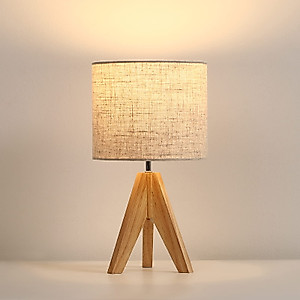 DEWENWILS Small Table Lamp, Boho Bedside Lamp with Linen Fabric Shade, Wood Tripod Nightstand Lamp for Living Room, Nursery, Bedroom, Kids Room, Side Table, 14.2 Inch, ON/Off Switch