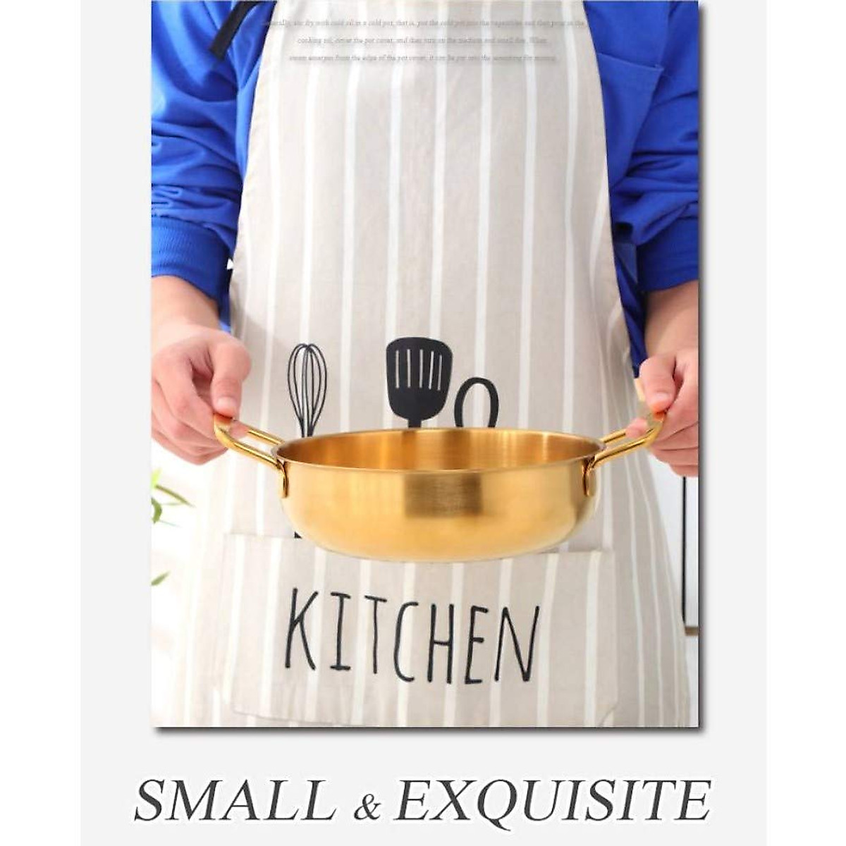 10in Stainless Steel Everyday Pan Color Me Korean Noodle Ramen Pot Small Stockpots Pasta Pots Stir Fry Pan Omelet Paella Pans Small Pots for Home and Outdoor, Dishwasher Safe, Eco Friendly(1pcs)(Gold)