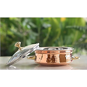 IndianArtVilla Steel Copper Handi Bowl with Brass Handle & Glass Lid, Serving Indian Dishes, 24 OZ