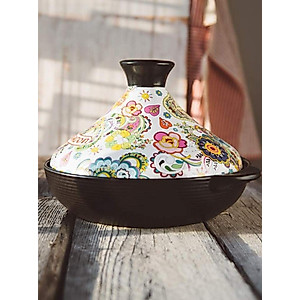 MYYINGBIN Flower Pattern Moroccan Tagine Pot Enameled Cast Iron Casserole Non Stick Saucepan Exotic Stew Pot with Lid, A, 2L