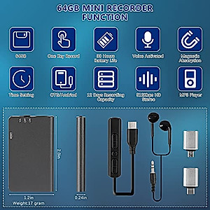 64GB Mini Digital Voice Recorder,Magnetic Voice Activated Recorder with 12 Days Recording Capacity,30 Hours Battery Time,Rechargeable Portable Audio Recorder for Meeting Interview