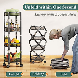 Collapsible Rolling Cart, 4-Tier Metal Storage Utility Cart for Kitchen Home Office Outdoor, Black