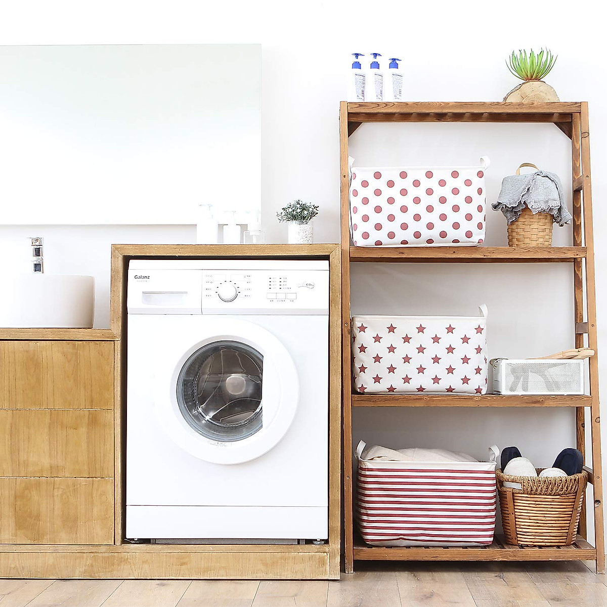 Sea Team Collapsible Canvas Fabric Storage Basket with Handles, Rectangle Waterproof Storage Bin, Box, Cube, Foldable Shelf Basket, Closet Organizer, 16.5 x 11.8 x 9.8 Inches, Red Stripe