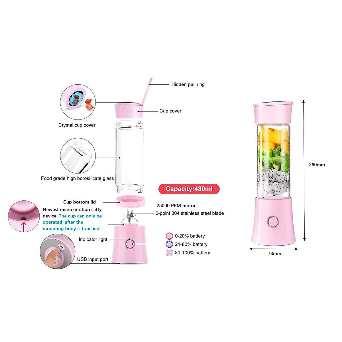 Portable Blender, Smoothie Blender with 16oz Travel Glass Cup and Lid 4000mAh Battery Strong Power Personal Size Blender USB Rechargeable Mini Juicer Cup Travel Blender for with Ice Tray (Pink)