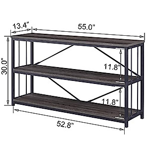 LVB Industrial Console Table, Metal and Wood Sofa Table, Rustic Entryway Table with Storage, Modern 3 Tier Shelf Long Foyer Tables Behind Couch for Home Living Room Hallway, Dark Gray Oak, 55 Inch