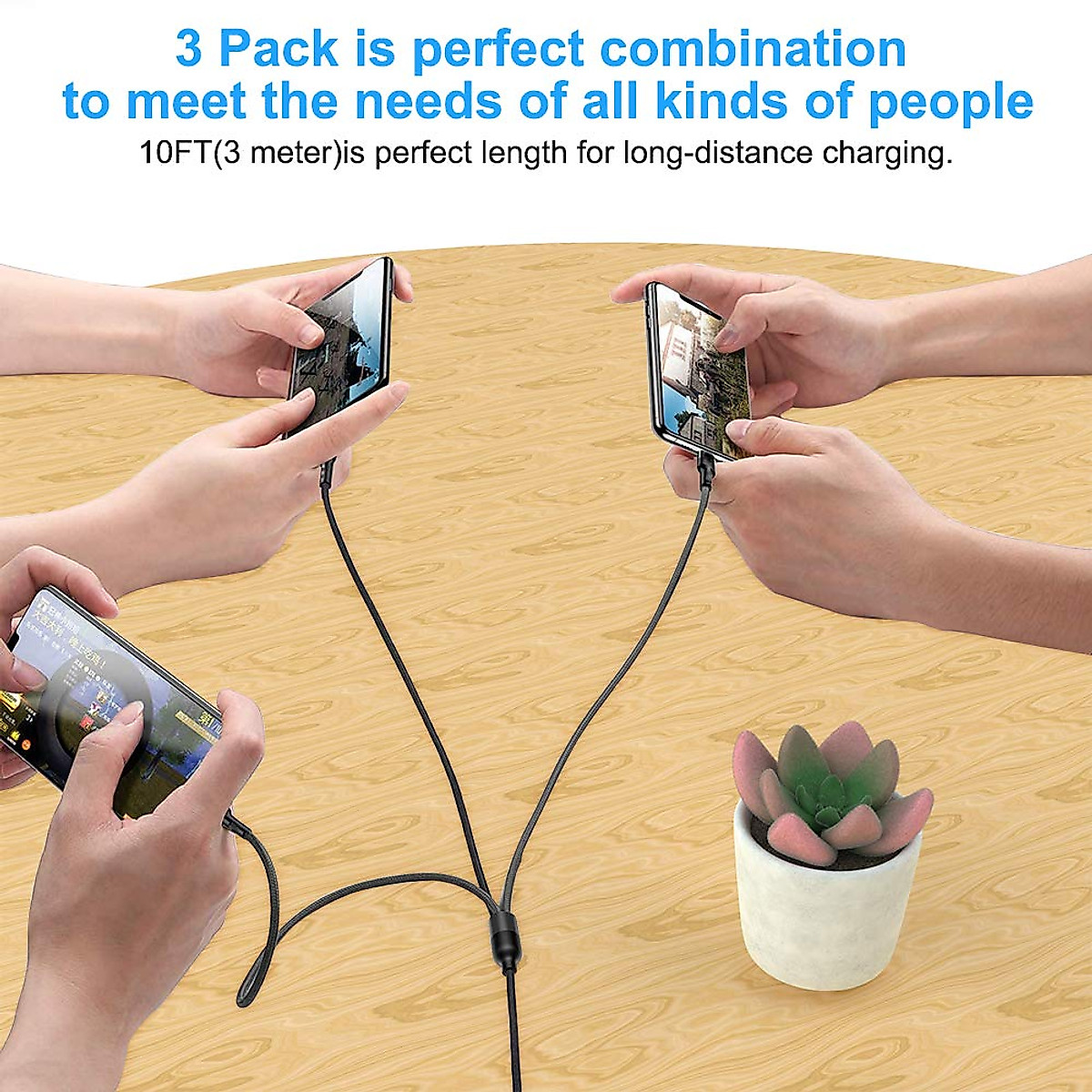 Multi 3 in 1 USB Long iPhone Charging Cable, 3M/10Ft Nylon Braided Universal Phone Charger Cord USB C/Micro USB/Lightning Connector Adapter for Android/Apple/Samsung/LG/Pixel/Huawei/XiaoMi(Black)