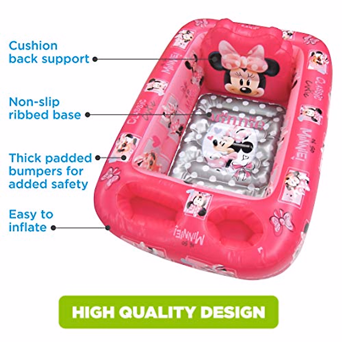 Disney Minnie Mouse Air-Filled Cushion Bath Tub - Free-Standing, Blow up, Portable, Inflatable, Safe Bathing, Baby Bathtub, Toddler Bathtub