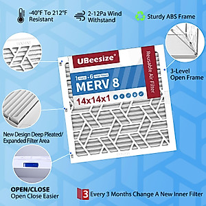UBeesize Reusable Air Filter 14x14x1 (6-Pack), MERV 8 MPR 700 AC/HVAC Furnace Filters,Deep Pleated Air Cleaner, (Actual Size 13.5 x 13.5 x 0.8 Inches),1x Reusable ABS Frame+6 x Filter,Easy Close/Open