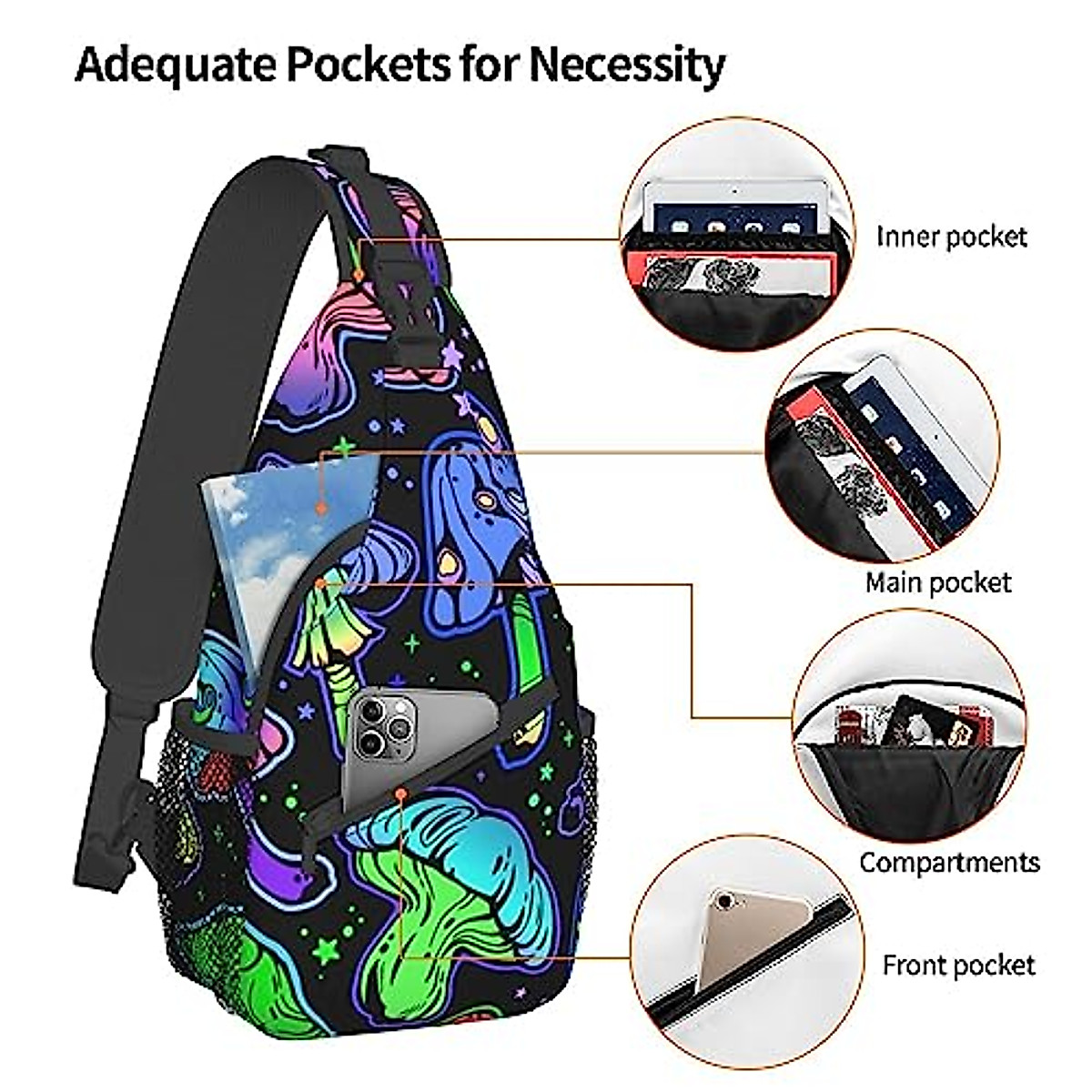 RIMENCH Small Crossbody Sling Backpack Anti Theft Backpack For Traveling Chest Shoulder Bag (gothic trippy magic mushrooms)