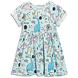 Toddler Girl's Dinosaur Summer Dresses Clothes,Short Sleeve Casual Outfits 4t Blue