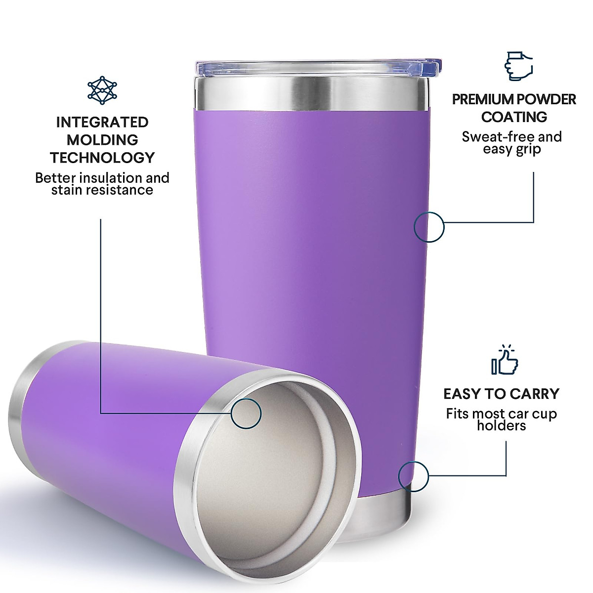 Volhoply 20oz Stainless Steel Tumbler with Lid and Straw,Double Wall Insulated Travel Iced Coffee Mug Fits Car Cup holder,Powder Coated Cups for Hot and Cold Drinks,Gifts for Women Men（Purple,1 Set）