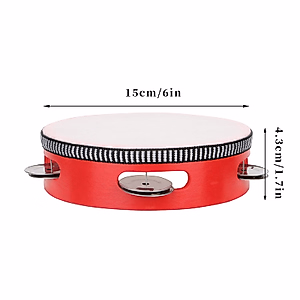 Dreokee 6 Inch Tambourine Red Wooden Handheld Tamborine with 4 Pair Metal Jingle Bells Percussion Instrument Musical Instrument Tambourines for Adults Party Education Church