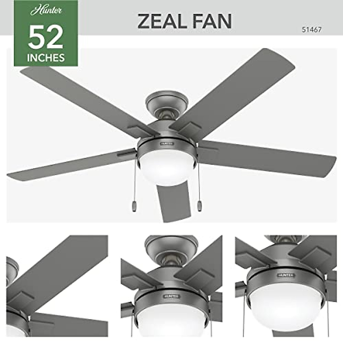 Hunter Fan Company 51467 Zeal Ceiling Fan, 52, Matte Silver
