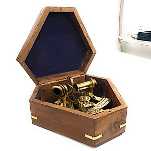 Maritime Kelvin & Hughes London Antique Brass Nautical Ship Sextant (with Triangular Wooden Box)