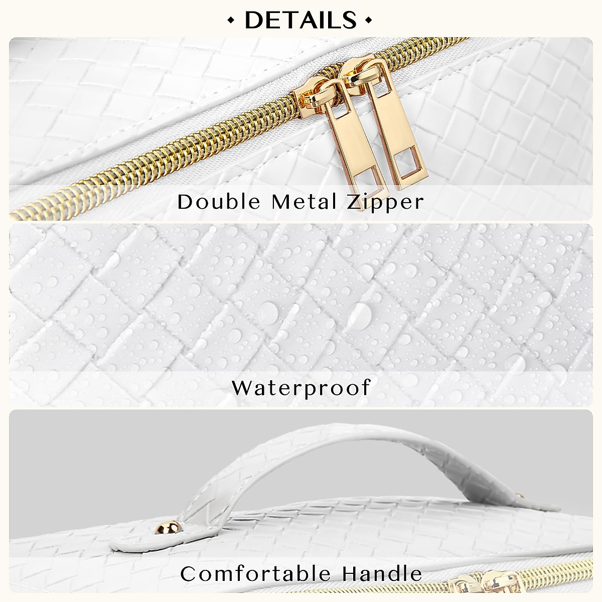 AURUZA Large Capacity Makeup Bag, Travel Cosmetic Bag With Handle and Divider Flat Lay Makeup Organizer Bag, Portable Toiletry Bag,Makeup Storage Bag,Makeup Brush Bag for Women (White)