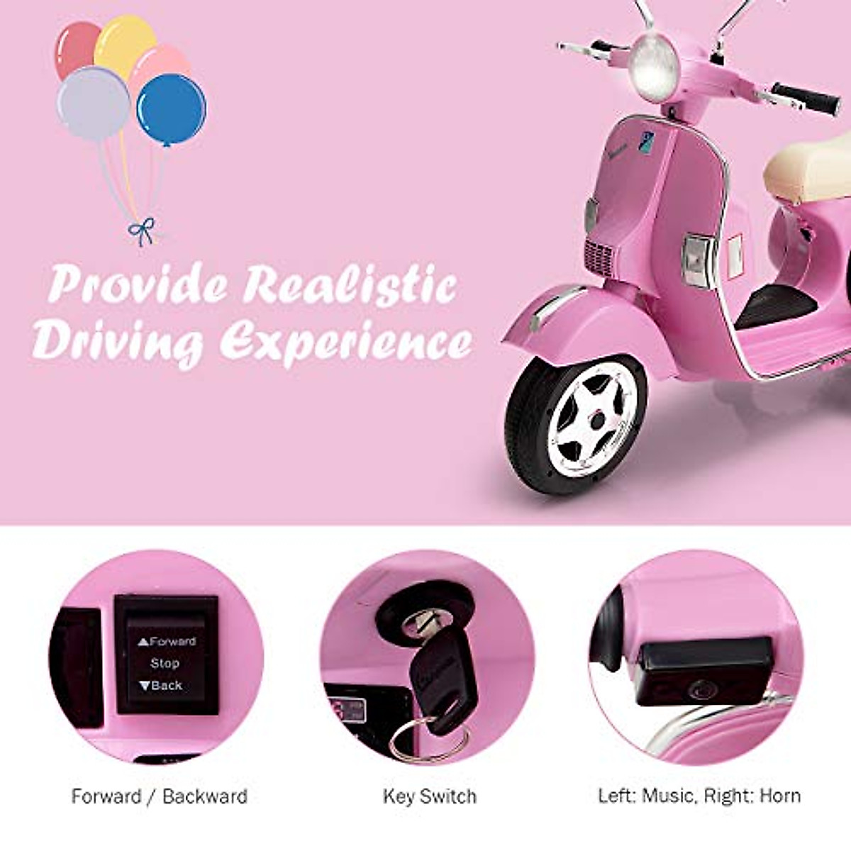 Costzon Kids Vespa Scooter, 6V Rechargeable Ride on Motorcycle w/Training Wheels, Key Switch, Music Horn Lights, Forward/Reverse, ASTM Certification, Gift for Children Boys Girls (Pink)