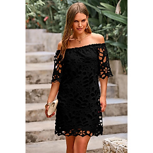 PRETTYGARDEN Women's Summer Off Shoulder Vintage Floral Lace Flare Short Sleeve Loose Elegant Mini Dress (Black,Medium)