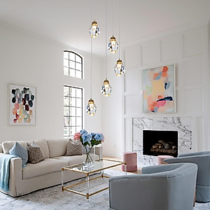 KOKAiZeeKi Dimmable Brass Gold Crystal Pendant Light - Modern 5-Light Diamond Chandelier for Kitchen Island, Dining Room, Hallway, and Bathroom