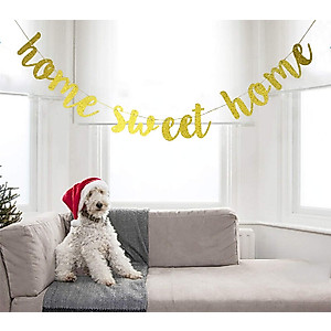 Starsgarden Glitter Gold Home Sweet Home Banner for Housewarming Patriotic Military Decoration Family Party Supplies Cursive Bunting Photo Booth Props Sign(Gold Sweet Home)