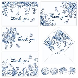 Whaline 32 Packs Floral Thank You Cards Blue White Chinoiserie Flower Greeting Cards Blank Note Cards with Envelopes and Stickers for Wedding Birthday Bridal Shower, 4 x 6 Inch
