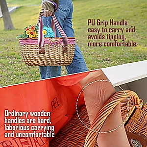 Wicker Picnic Basket Set for 2 with Double Wooden Lids & Handles, Country Style Picnic Hamper with Cutlery Service Kits - Flatware Set, Willow Storage Basket W/Lining for Camping (Red Stripe)