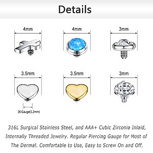 ZS 16G Stainless Steel Dermal Piercing Jewelry Diamond Dermal Anchor Tops CZ Skin Microdermal Piercing Jewelry for Men Women (E:16pcs Tops)