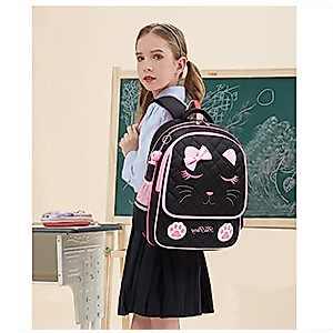 MCWTH Cat Face School Backpack for Teen Girls, Cute Kids Elementar BookBag Daypack (Black)