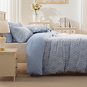 EMME Duvet Cover Set Microfiber, Tufted Queen Duvet Cover Set, Boho Bedding Sets Queen for All Seasons, 3 Pieces Embroidery Chic Duvet Cover Full, 1 Duvet Cover + 2 Pillowcases (Blue & White, Queen)