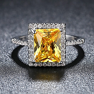 Psiroy Women's Jewelry 925 Sterling Silver Plated Simulated Citrine Halo Engagement Ring Size 6