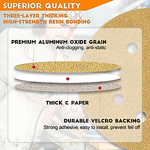Mestool 5-Inch 8-Hole Hook and Loop Gold Sanding Discs, Box of 50 Sandpaper Include 60 80 120 150 and 220 Grits