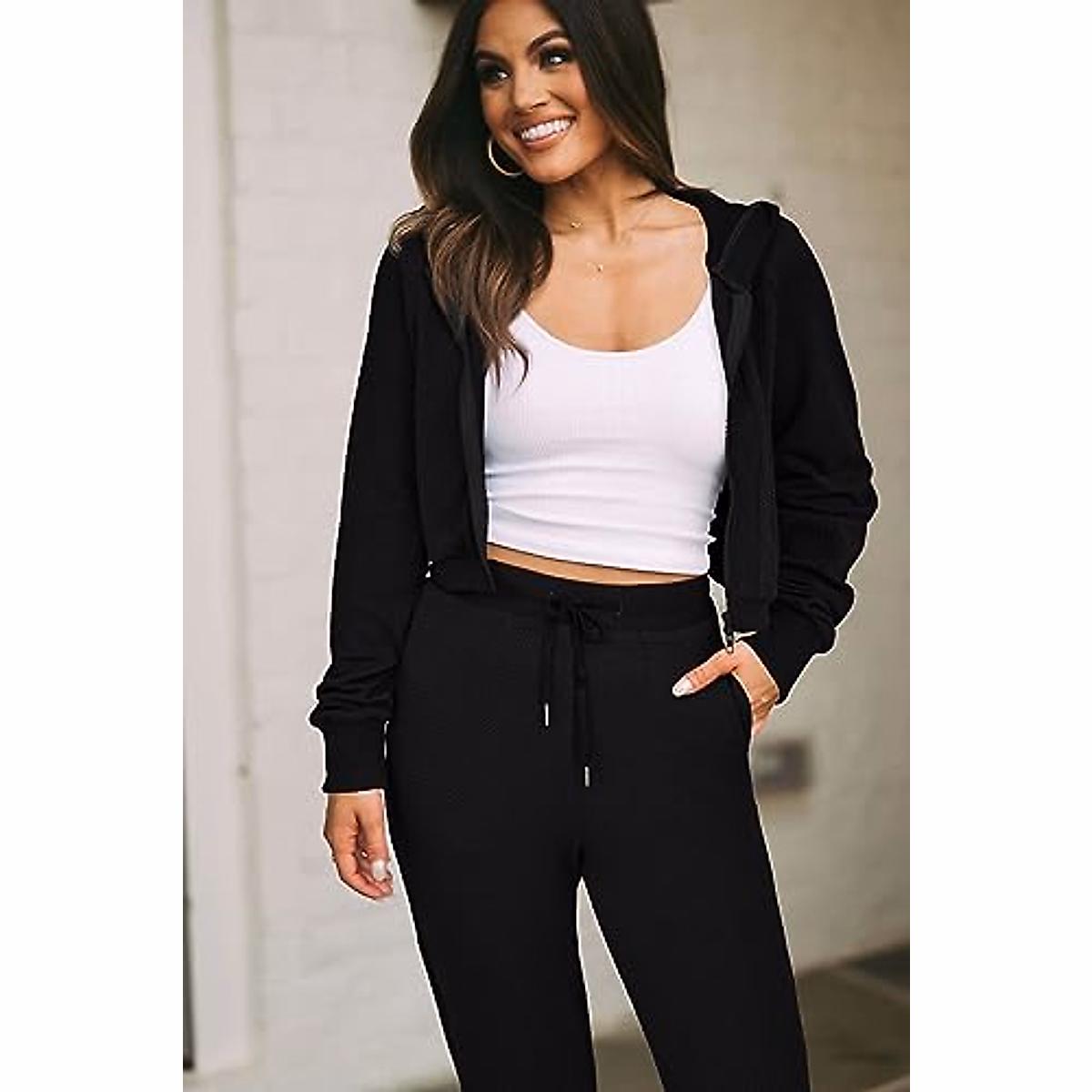 MASCOMODA 2 Piece Outfits for Women 2023 Fall Hoodie Sweatshirt Tracksuit and Sweatpants Workout Sets with Pockets (Black, Large)