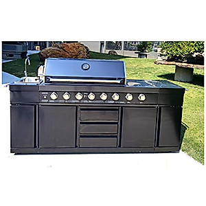 Black Stainless Steel 8 Burner 3 in 1 Island BBQ Outdoor Electric Grill Kitchen, Propane or Natural Gas, with Sink, Side Burner, LED Lights on Knobs, and Free Protective Grill Cover