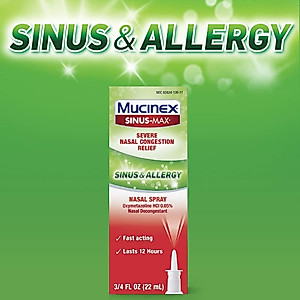 Mucinex Sinus-Max Nasal Spray for Sinus & Allergy, Fast-Acting & Fragrance Free, 12 Hour Severe Nasal Congestion Relief, 0.75 Fl Oz (Pack of 3)